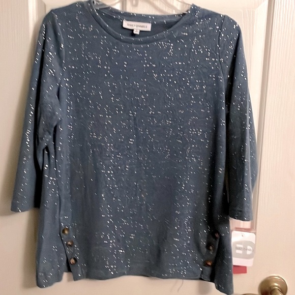 Emily Daniels | Tops | Emily Daniels Foil Print Hacci Moonlight Blue Heather 34 Skv Side Buttons ...
